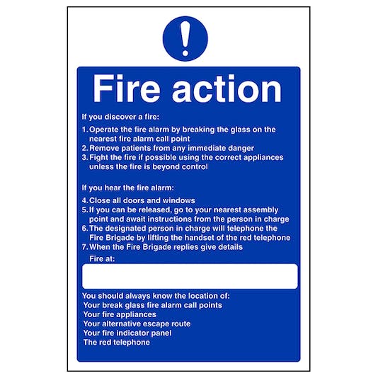 Nursing/Hospital Fire Action On Hearing The Alarm sign – Ref: fan23 ...