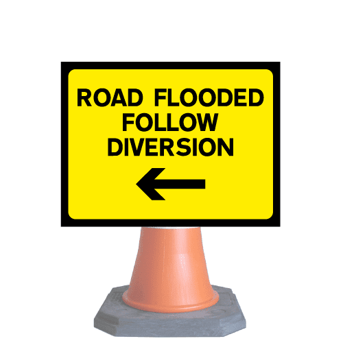 Road flooded follow diversion arrow left cone sign – cns113 (cone sold ...