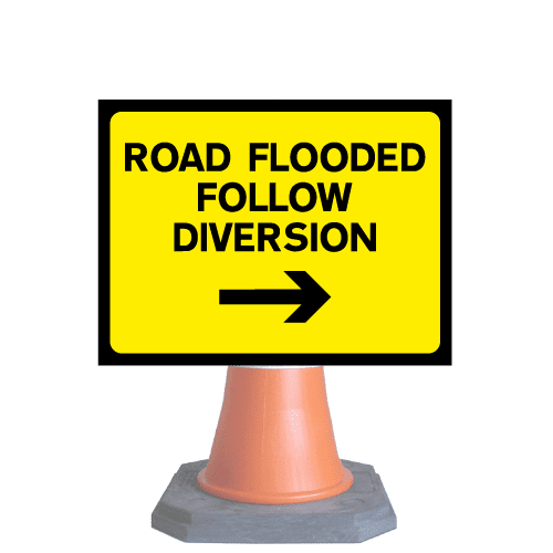 Road flooded follow diversion arrow right cone sign – cns114 (cone sold ...
