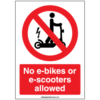 No E-bikes or E-scooters allowed sign – Ref: p999 – Safety Sign Warehouse